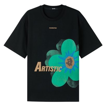 U/TI黑色艺术大花朵印花T恤女 设计感长绒棉短袖尤缇2024夏季新款
