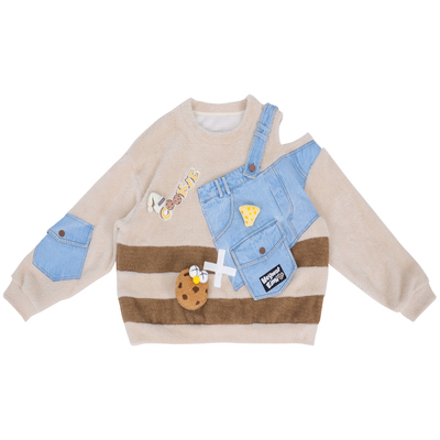 圆领宽松牛仔解构拼接美拉德毛衣