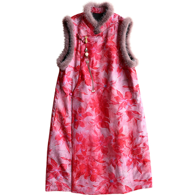 云澍交织香云纱水貂毛马甲裙印花