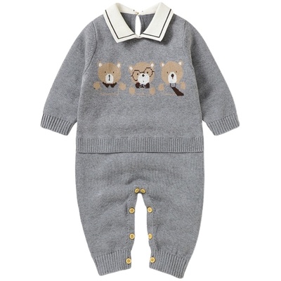 婴儿秋冬款连体衣服卡通针织小熊毛衣新生儿爬服宝宝喜庆外出上衣