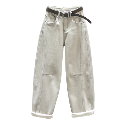 加绒加厚高腰老爹牛仔弯刀裤女