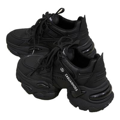 Snowelf黑色真皮增高老爹鞋