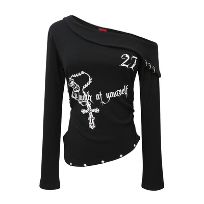 美式复古斜肩字母印花长袖T恤