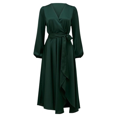 UNI CLOSER长袖缎面连衣裙中长裹腰系带墨绿色优雅飘逸气质显瘦