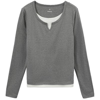 热风2026年春新款女假两件长T恤