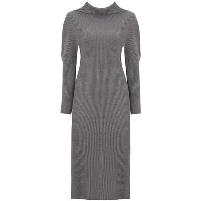 DPLAY秋装新深灰复古法式侧开衩毛衣裙气质通勤显瘦针织连衣裙