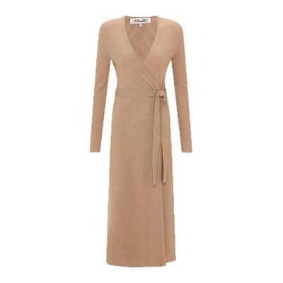 DVF沙漠驼色V领毛衣裙裹身连衣裙