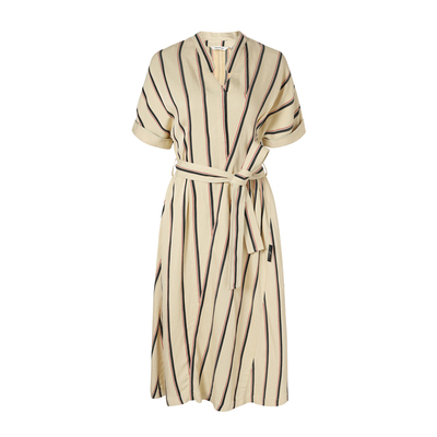 【意大利进口面料】玛丝菲尔夏季新款浅黄色复古条纹连衣裙女