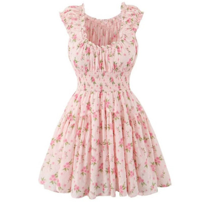 法式碎花方领泡泡袖度假连衣裙