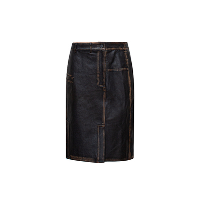 TOP家 时光叙事 法式复古做旧 vtg质感印记洗水pu皮革开叉半身裙