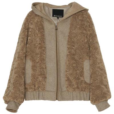 谜底毛毛短外套女冬疗愈绒感时尚年轻连帽拼接百搭宽松234MD1463