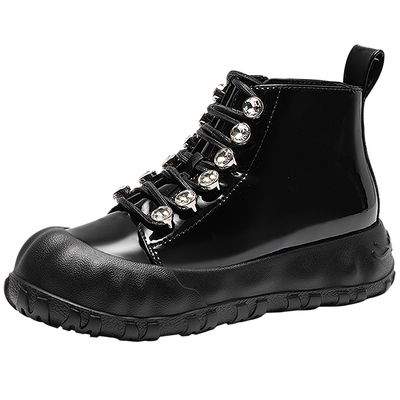 MIO米奥马丁靴2025冬季新款圆头厚底钻饰绑带纯黑短筒时尚女靴