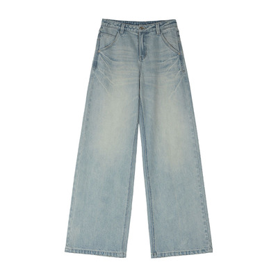 SEEKSIMPLE 高品100棉 | 水洗猫须设计 | 浅色低腰阔腿牛仔裤