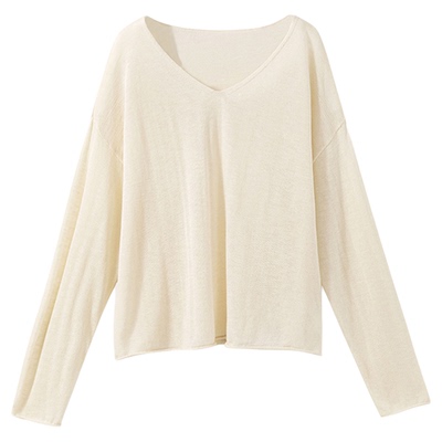 天丝亚麻宽松V领长袖针织衫上衣