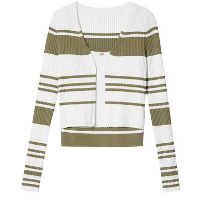 SALT.P可颜秋撞色条纹假两件层次感v领开衫毛针织衫