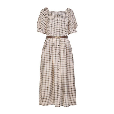 婉甸2025夏季新品米咖格纹短袖连衣裙1242N25RS2YX