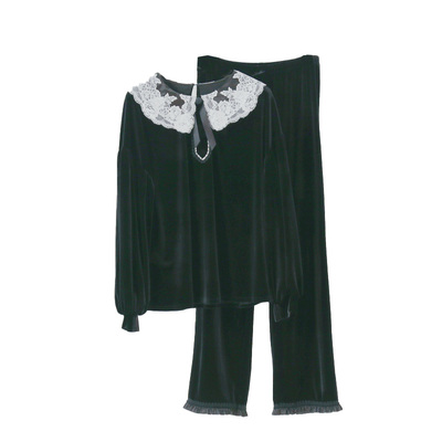 CA BRIDA【黑白经典】女秋冬法式丝绒拼蕾丝领长袖睡衣套装L812