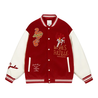 GUUKA红色仿羊绒棒球外套90白鸭绒 马年本命年衣服美式羽绒服女潮