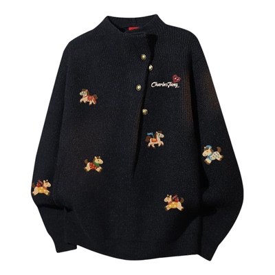 查尔斯桃心马年2026新款保暖半高领针织衫上衣男女冬季休闲毛衣潮