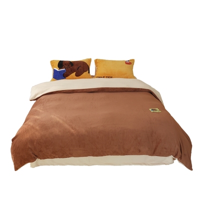 味原创萌宠插画奶油绒床品四件套