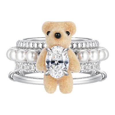 YVMIN尤目 迷你小熊植绒多层珍珠密镶宝石肌理戒指生日礼物