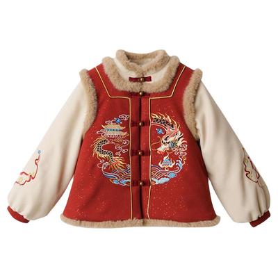 男女童汉服冬季唐装儿童拜年服加厚套装龙年红色喜庆过年服兄妹装
