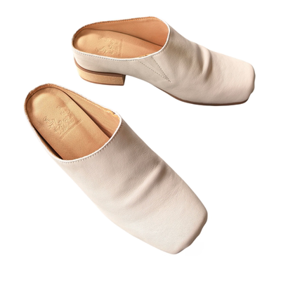 软真皮米白休闲中跟穆勒拖包头拖