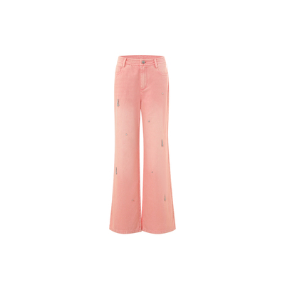LAMERRY/朗美睿粉色复古牛仔裤纯棉带钻手缝片设计感直筒慵懒