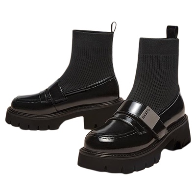 百思图黑天鹅冬商场新款加绒乐福连袜靴女弹力瘦瘦短靴VUN06DD4