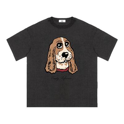 EMPTY REFERENCE炭灰色雪花肌理手绘可卡犬印花上衣短袖T恤打底衫