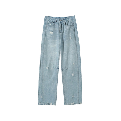 浅色破洞阔腿牛仔裤女夏季