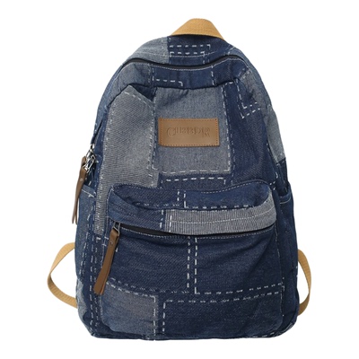 菇八八日系小众牛仔撞色双肩包