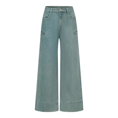 蓝绿色涂蜡感双腰头水洗牛仔长裤