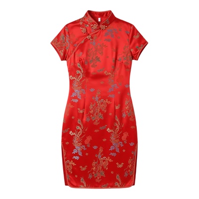 大码印花短款旗袍女士