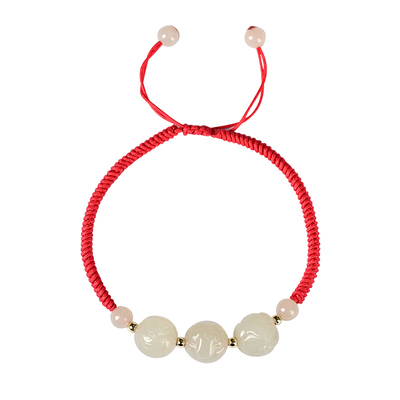 和田玉白玉本命年红绳三合生肖