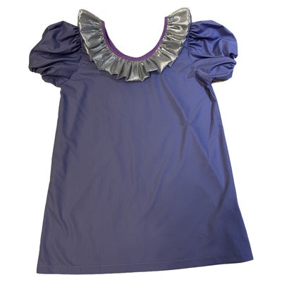 原创紫色花边领宽松泡泡袖连衣裙