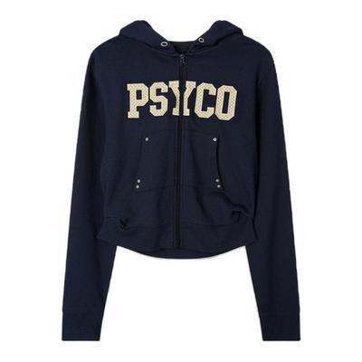 藏青色字母连帽卫衣女短款上衣