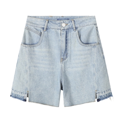 Basic House/百家好复古水洗牛仔短裤高腰小开叉直筒裤子夏季新款