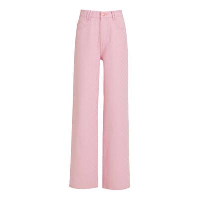 VWU2025夏小众设计感白色菱形格纹长裤女宽松休闲百搭直筒牛仔裤