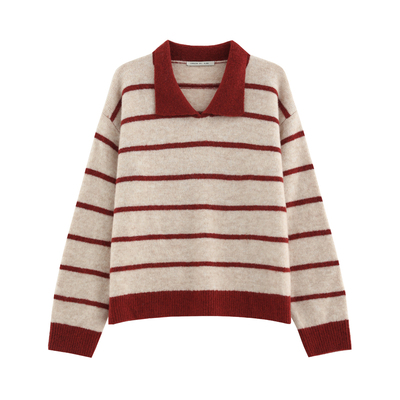 氛围感复古条纹翻领毛衣