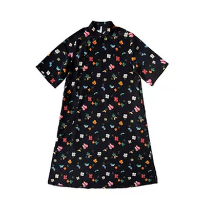 不蔓不枝【起舞】纯棉立领短袖连衣裙改良旗袍蝴蝶印花显瘦夏季