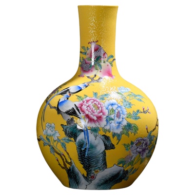 景德镇陶瓷花瓶仿古手绘扒花帝黄釉天球瓶中式博古架明清古典摆件