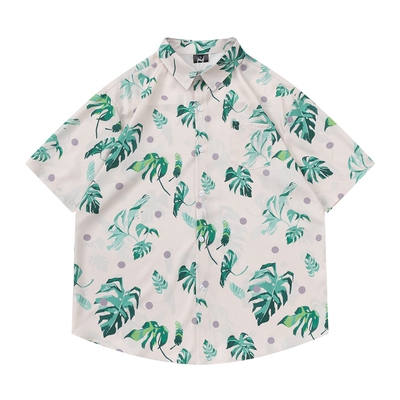 TRAVEL ISLAND 安闲自得 日系原宿风植物绿叶印花情侣款短袖衬衫