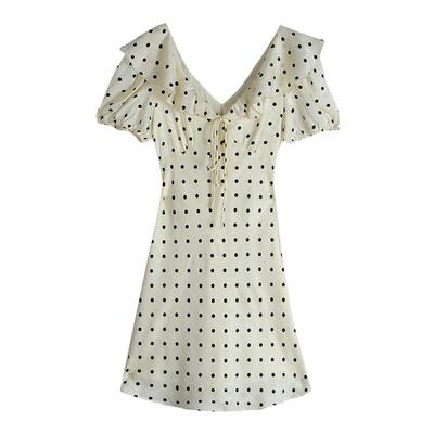 ronronA字裙波点荷叶边V领连衣裙