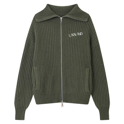 LAVALAND秋冬绿色拉链毛衣针织开衫大翻领刺绣竖条纹毛杉外套
