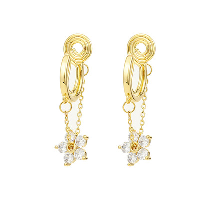 简约锆石花朵蚊香盘耳夹无耳洞金属小耳圈流苏耳钉银针耳环