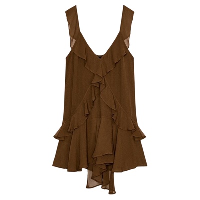 棕色垂顺抗皱叠层装饰短连衣裙