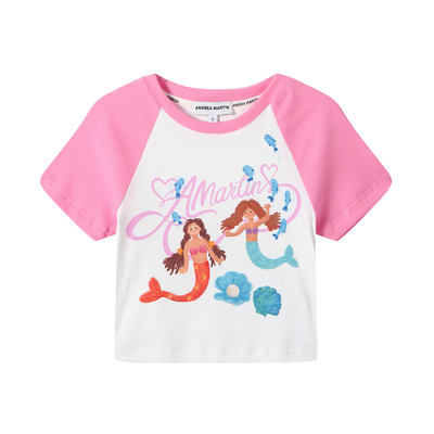 ANDREA MARTIN2026夏季新款撞色拼接印花女短插肩袖休闲多巴胺T恤