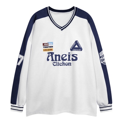 INGA美式字母撞色卫衣女球衣秋季V领复古oversize上衣潮牌情侣ins