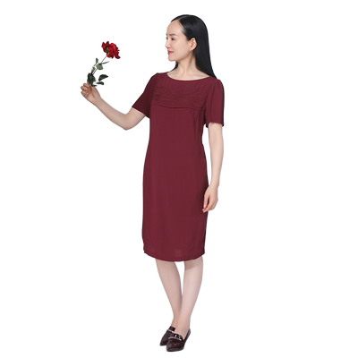 靓诺红色绣花收身连衣裙气质简约